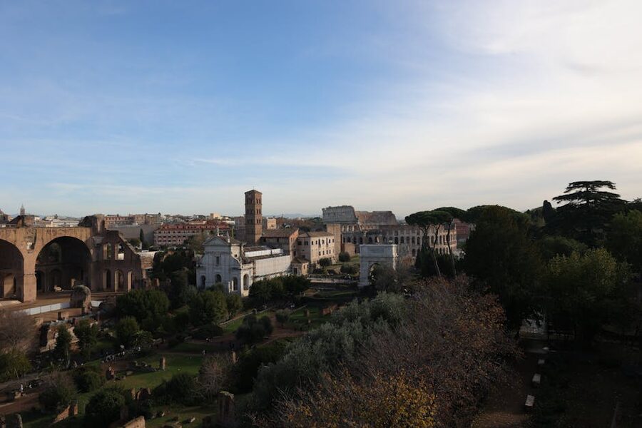 Aerial view of Palatine Hill Colosseum and Roman Forum in Rome