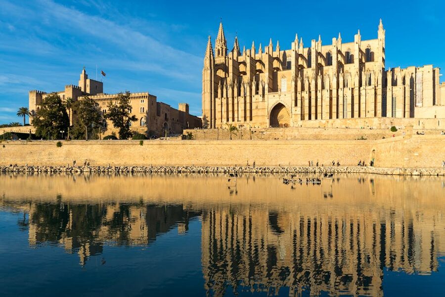 Palma Cathedral reflected in the water pool of Parc de la Mar