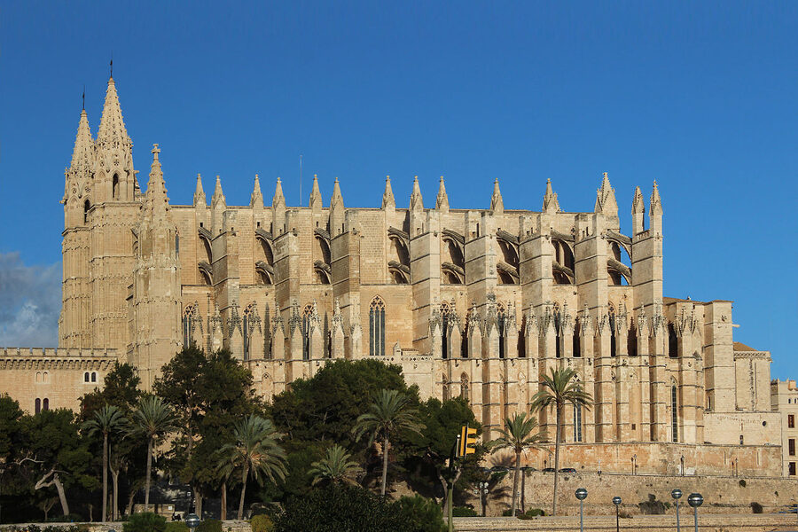 Palma Cathedral west facade with massive Gothic towers