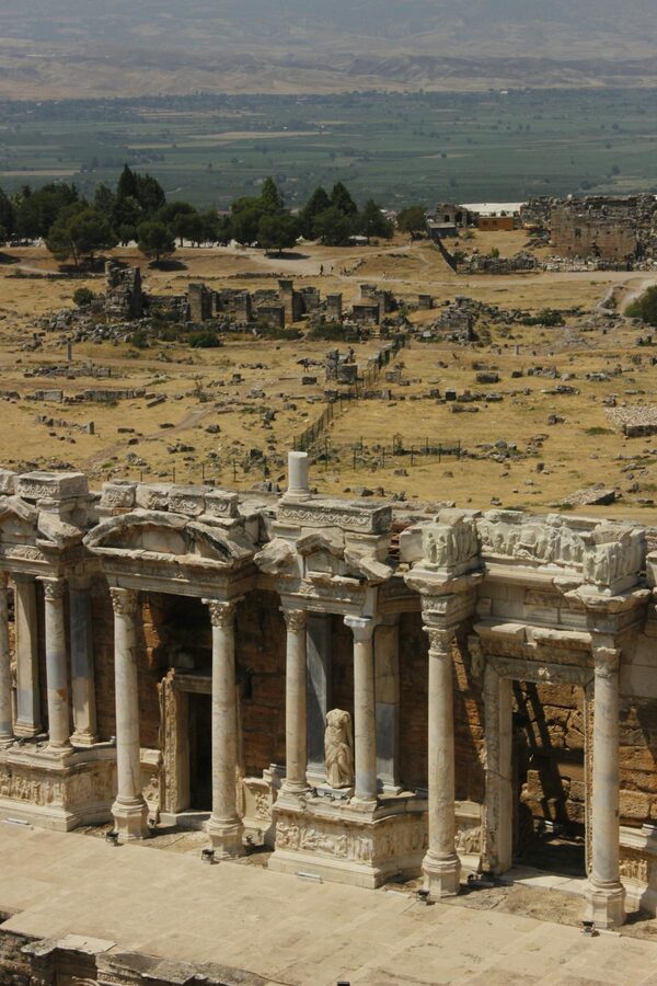 Standing columns and ruins of ancient Hierapolis in Denizli Turkey