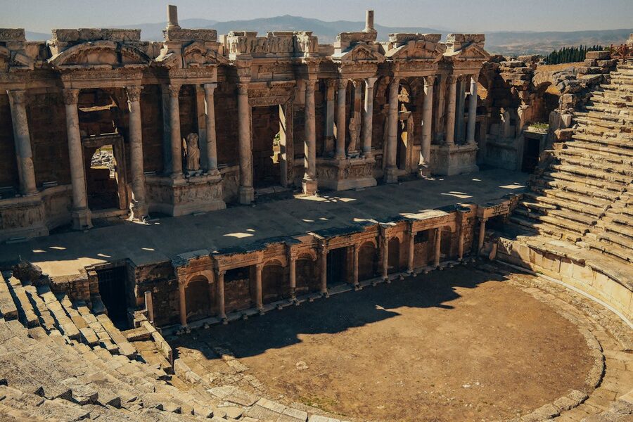 Ancient Roman theater at Hierapolis Pamukkale with rows of stone seats