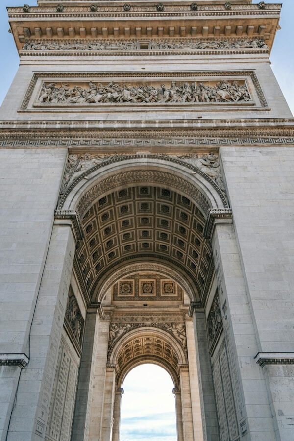 Detailed sculptural reliefs on the Arc de Triomphe in Paris