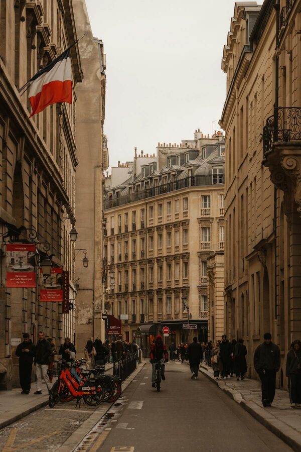 Classic Haussmann architecture along a wide Paris boulevard with trees and daily city life