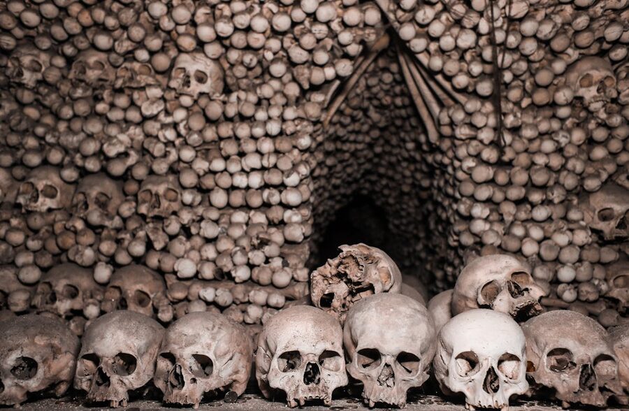 Skulls arranged in a catacomb setting