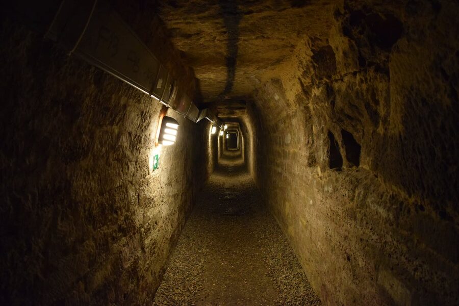 The underground tunnels of the Paris Catacombs