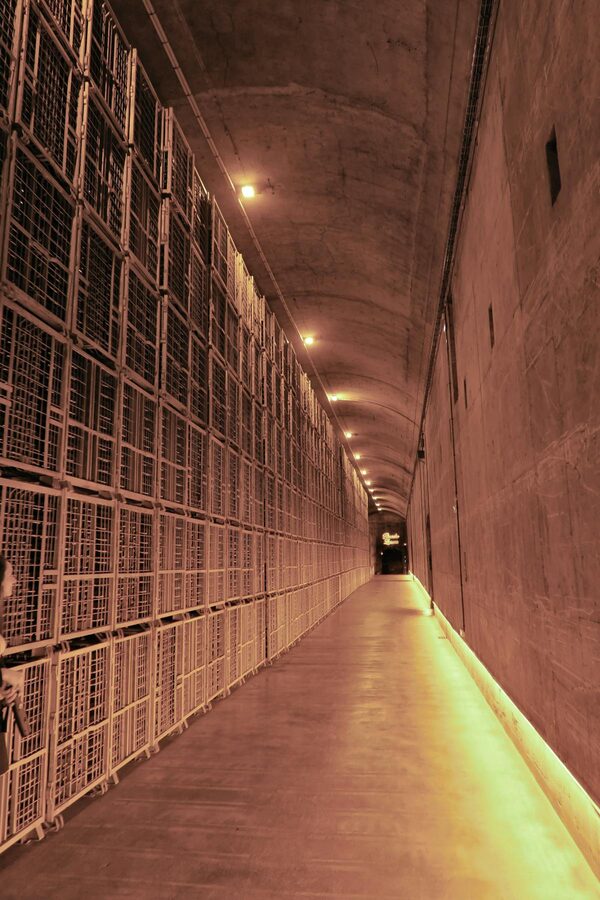 Underground champagne cellar tunnel in Reims with rows of bottles ageing on riddling racks