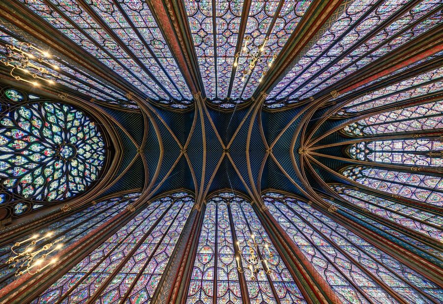 The ornate stained glass ceiling of Sainte-Chapelle