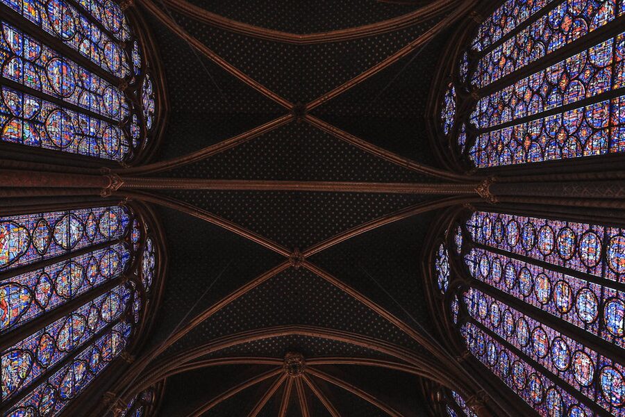 Ornate Gothic ceiling with stained glass