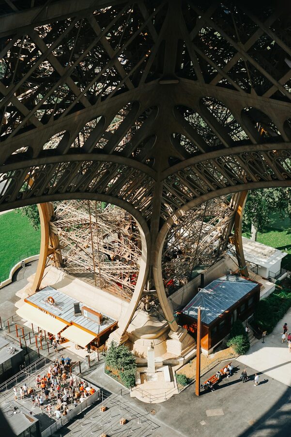 View from above showing crowds beneath the Eiffel Tower