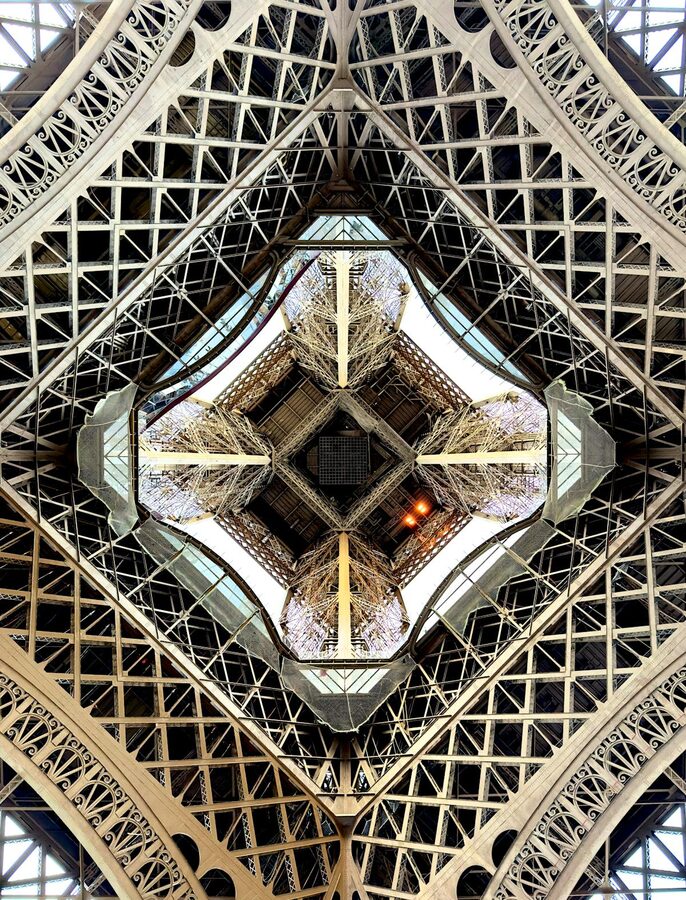 The iron lattice structure beneath the Eiffel Tower