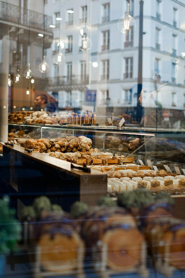 Charming Parisian bakery window with bread and pastries