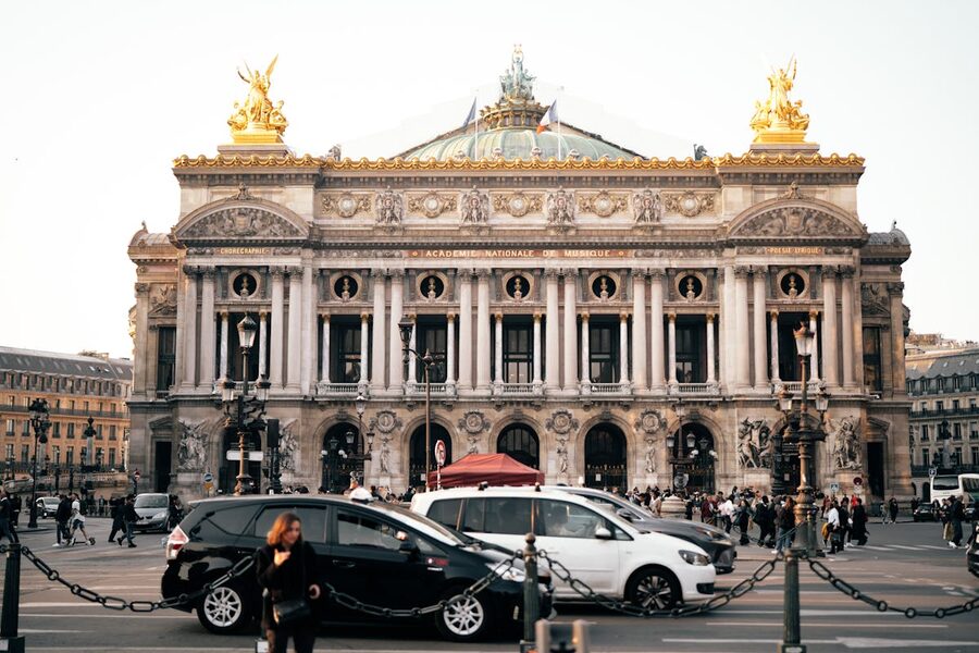 Wide exterior view of the Palais Garnier showing the full facade
