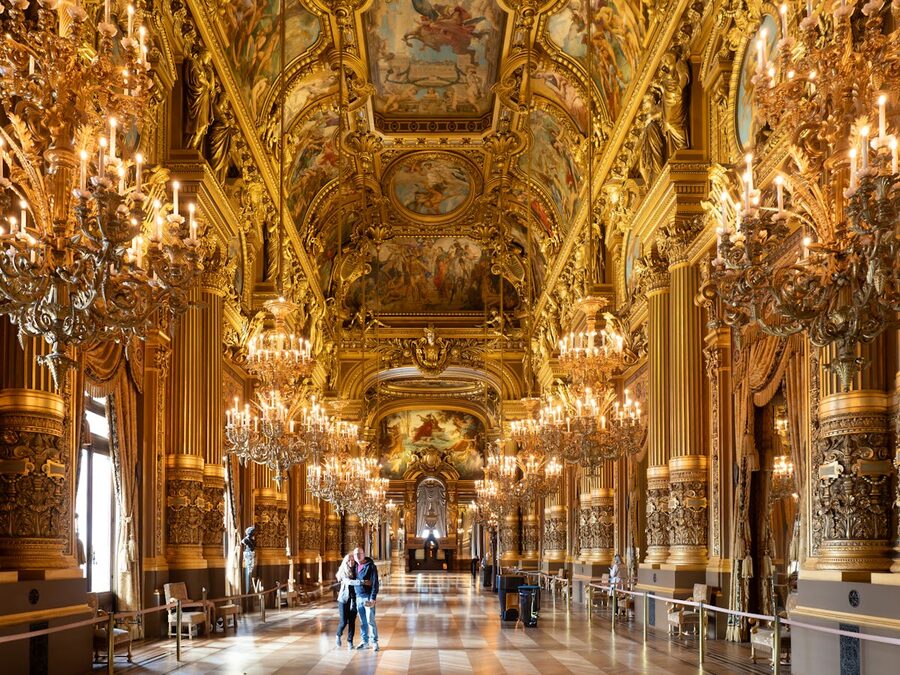 Golden interior details of the Palais Garnier with gilded decorations and ornate walls