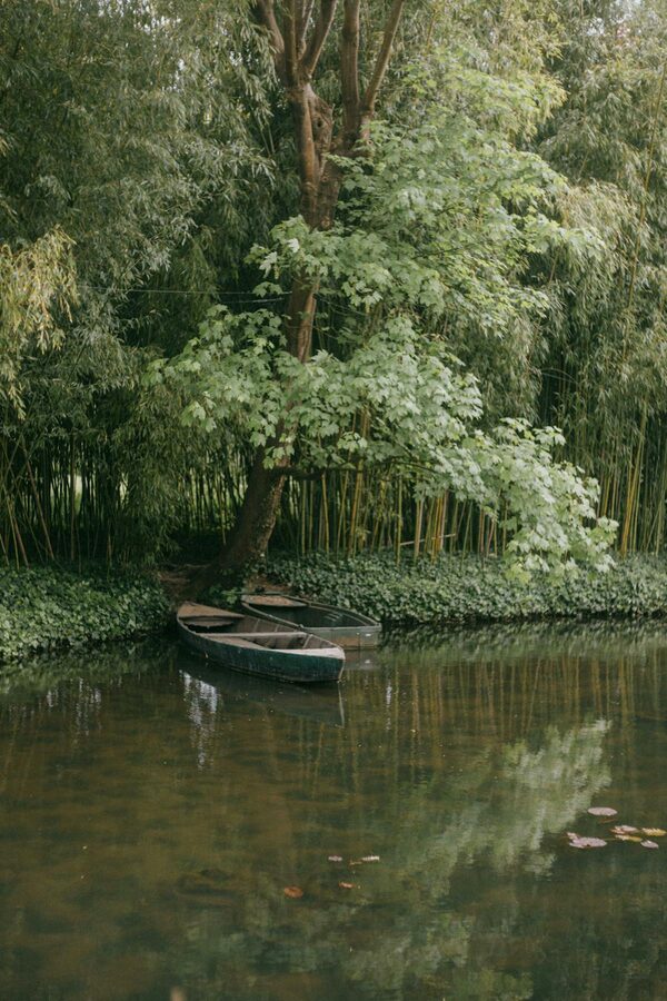 Small boats on a peaceful pond in Monet's garden at Giverny