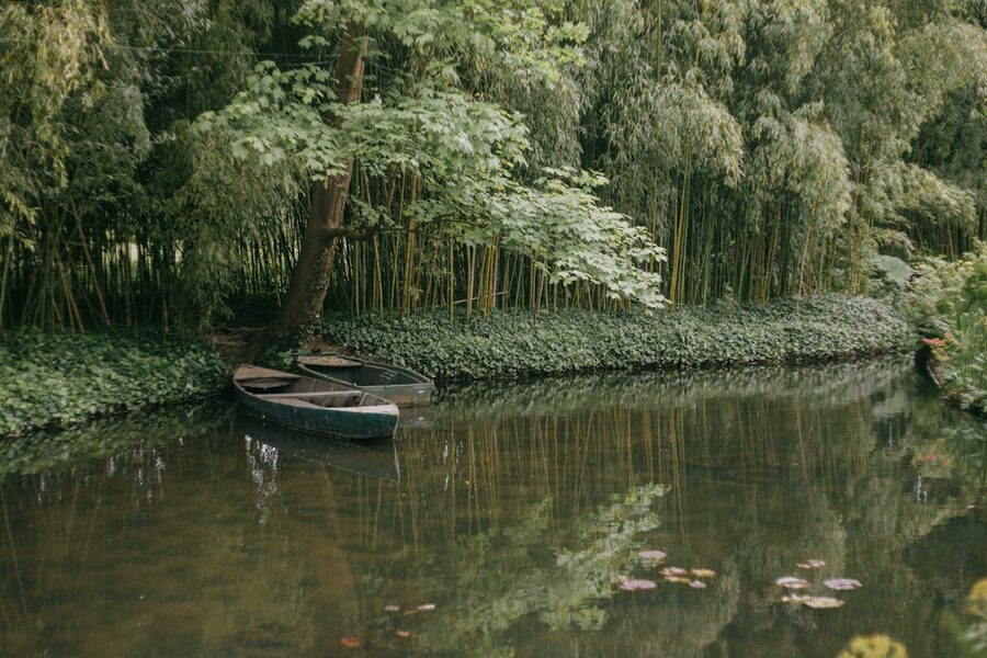 Boats on a quiet pond surrounded by lush greenery in Giverny