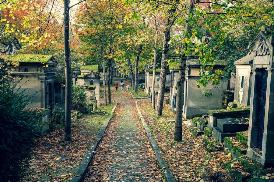 People walking on a tree-lined autumn path through a historic cemetery