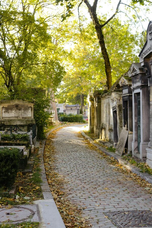 Cobblestone pathway through autumn cemetery with fallen leaves and old tombs