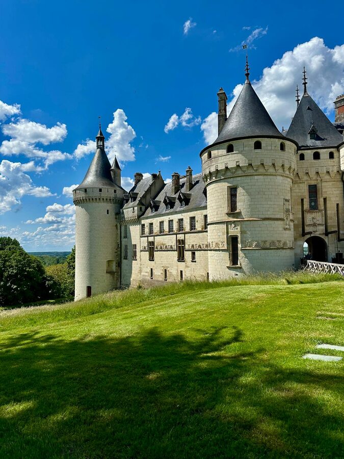 Château de Chaumont-sur-Loire front facade with medieval towers and green lawn