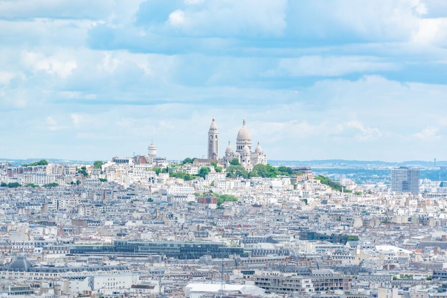 Aerial view of Montmartre and Sacré-Coeur dominating the Paris skyline