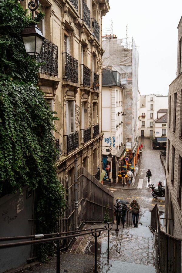 Montmartre streets in the rain in Paris
