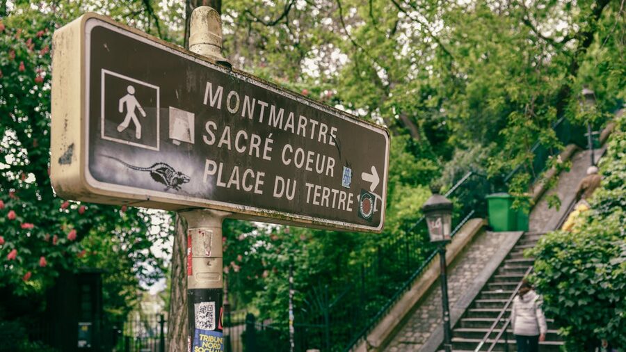 Signpost in Montmartre pointing to Sacré Coeur and Place du Tertre