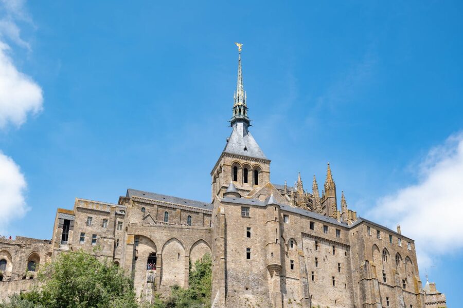 Close view of Mont Saint-Michel abbey and surrounding medieval buildings