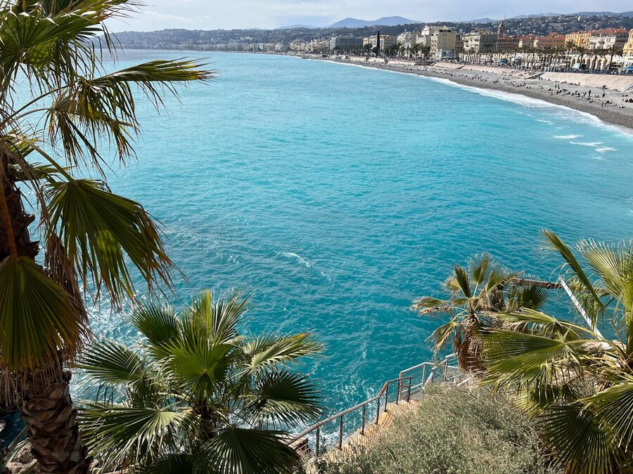 Aerial view of the Nice coastline with turquoise Mediterranean water