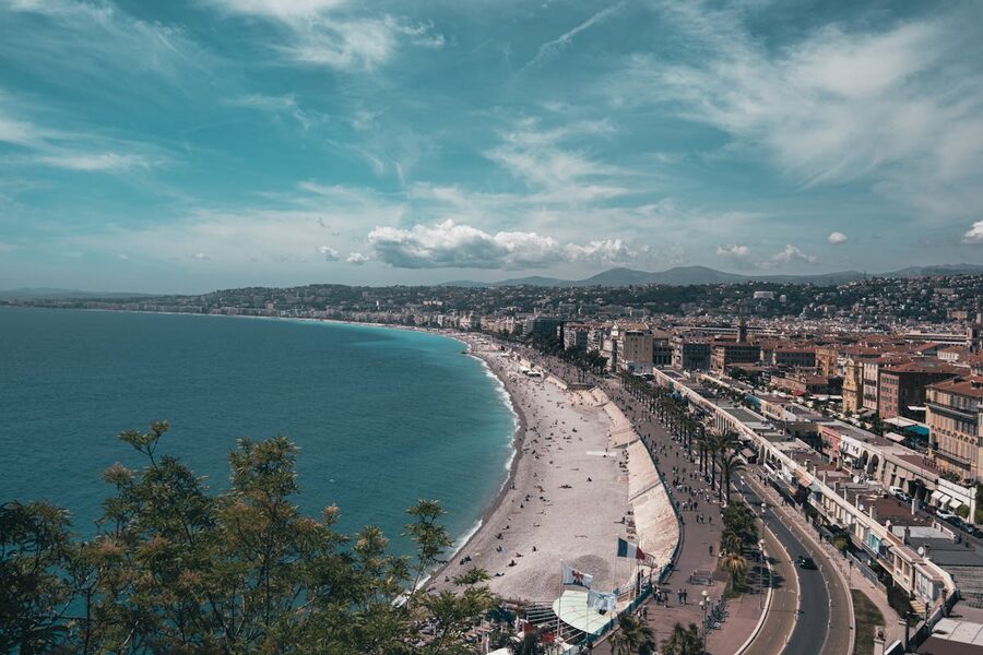 Aerial view of Nice beachfront and buildings along the Promenade des Anglais