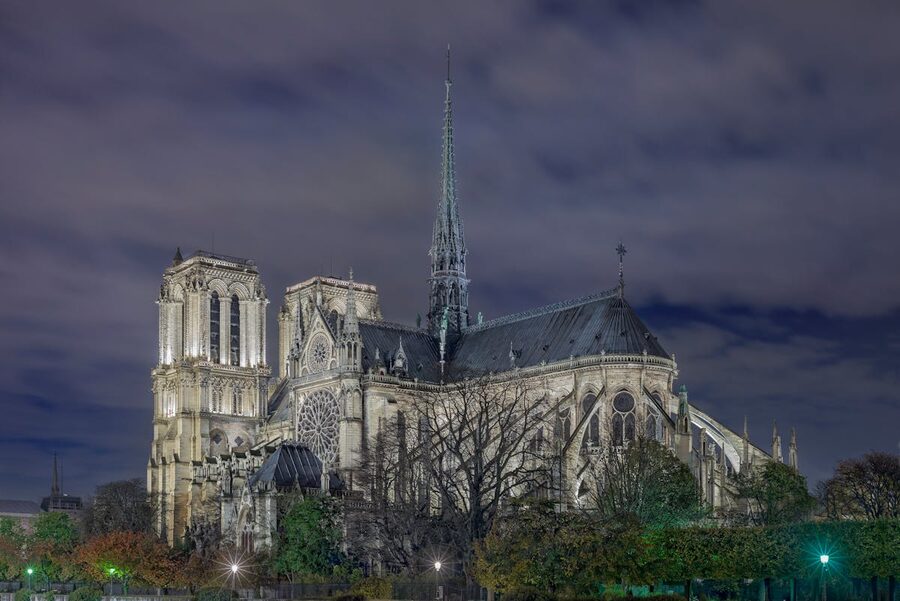 Notre-Dame Cathedral illuminated at night in Paris