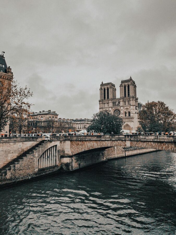 Notre-Dame Cathedral seen from the Seine River with trees along the bank