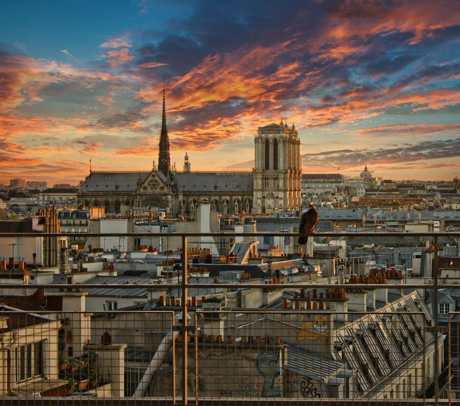 Notre-Dame Cathedral and Paris rooftops at sunset