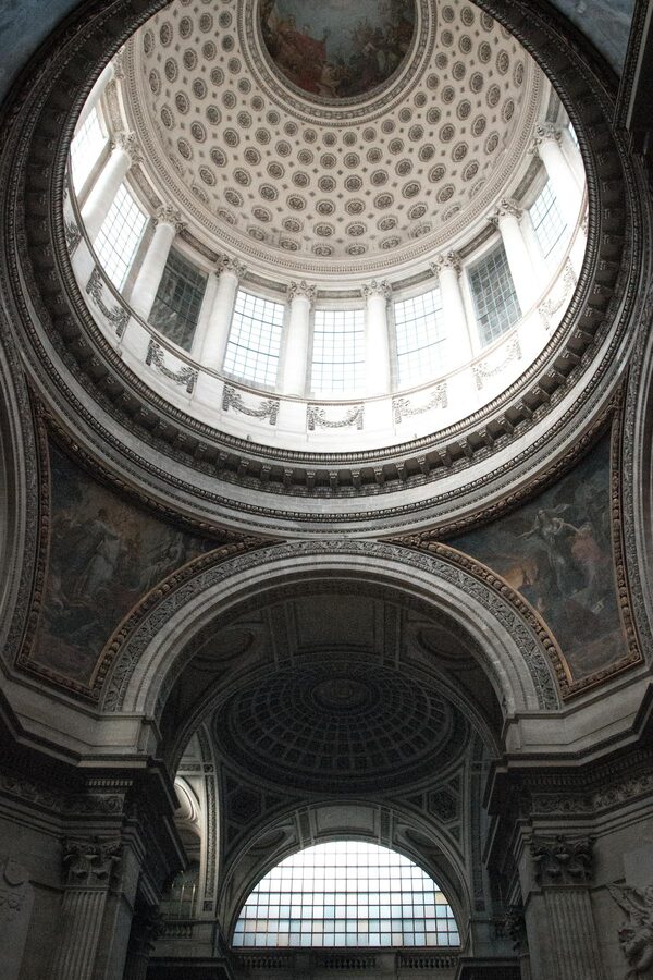Ornate dome ceiling of the Panthéon seen from below