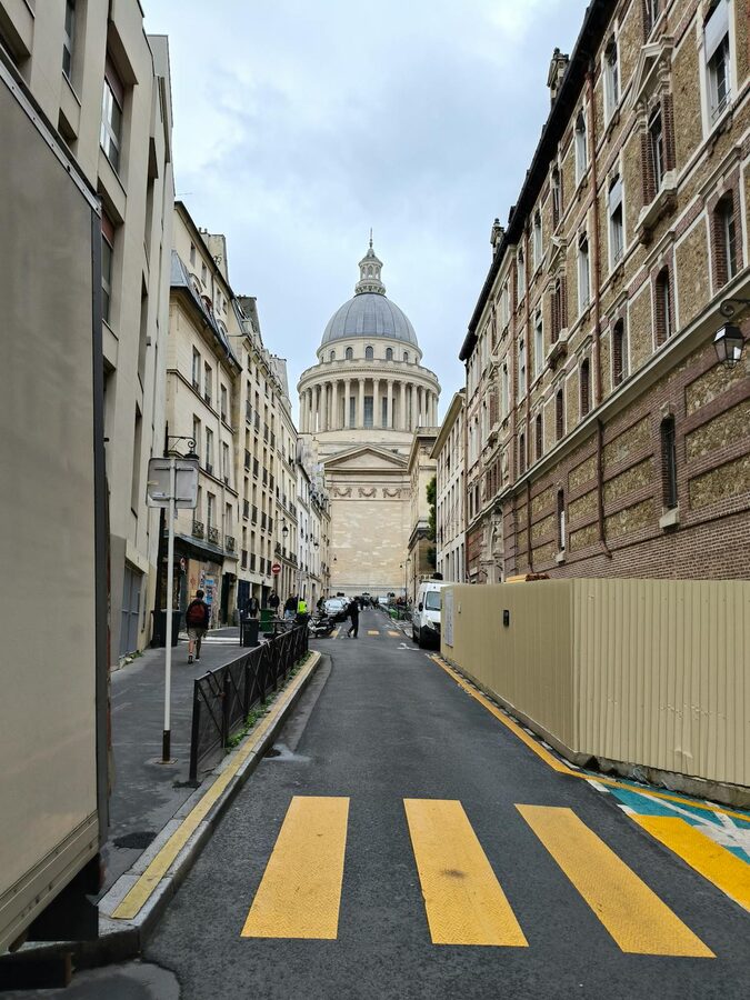 Paris street leading toward the Panthéon with classic architecture