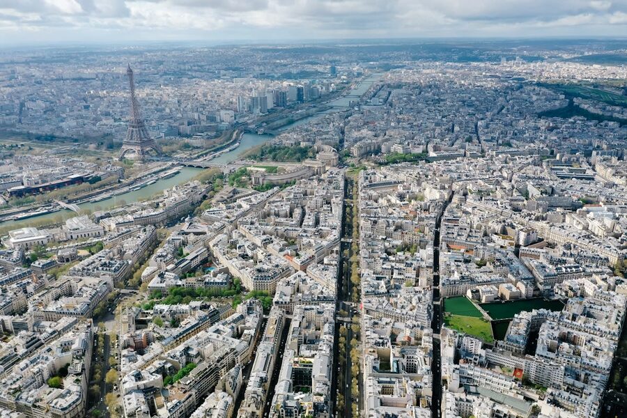 Aerial panorama of Paris with the Eiffel Tower and River Seine