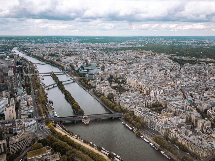Aerial view of Paris showing the Seine River and bridges