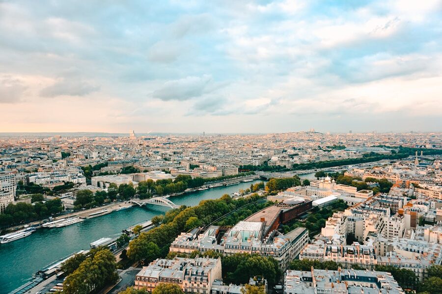 Aerial view of Paris with the Seine River curving through the city