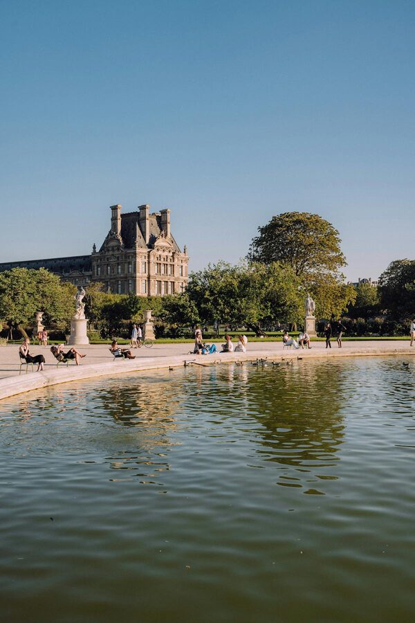 Tuileries Garden fountain with pathways and trees in Paris