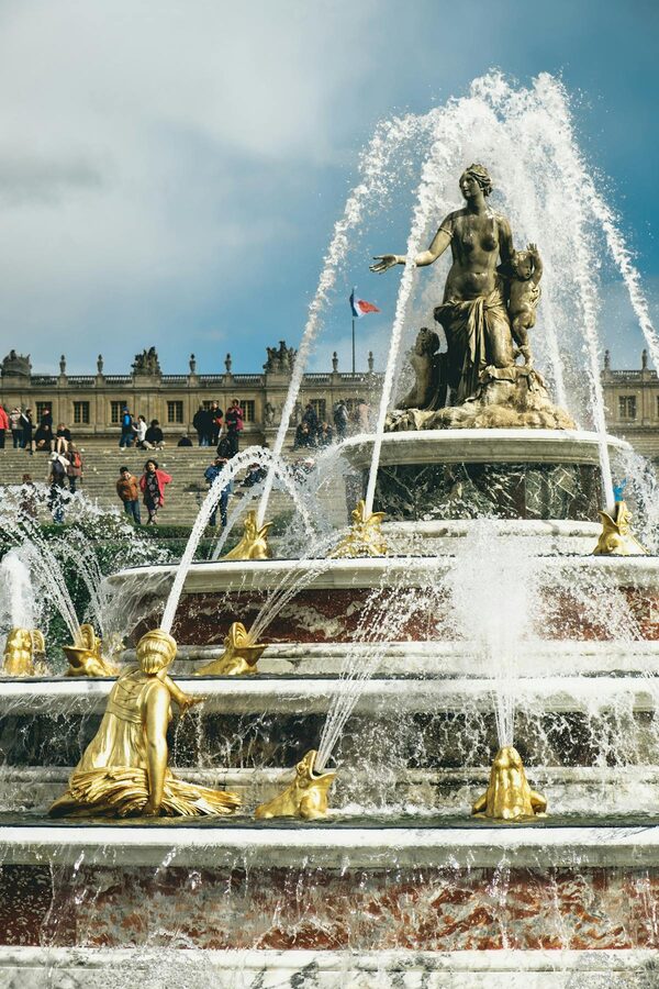 The Latona Fountain at Versailles with ornate statues and water features