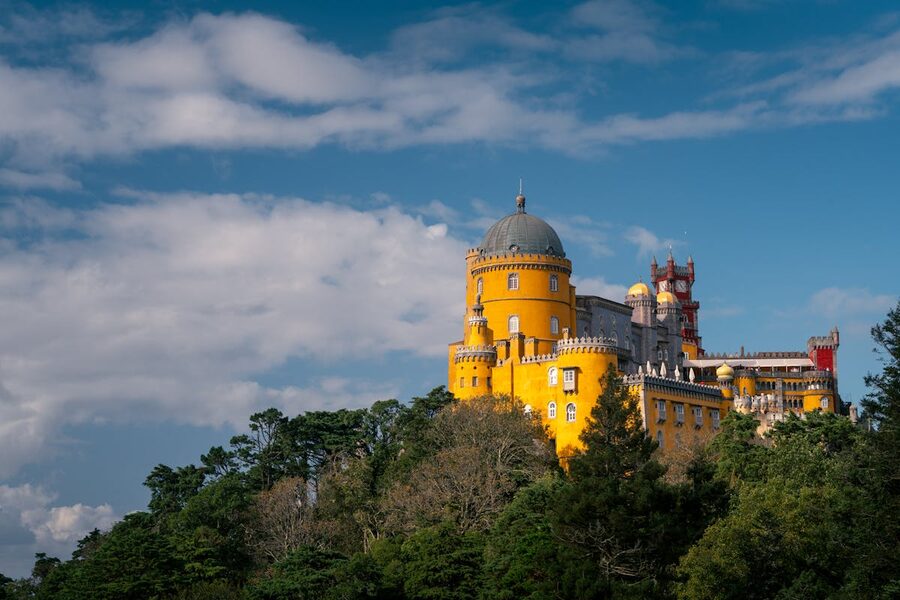 Colorful Pena Palace in Sintra Portugal on a bright sunny day
