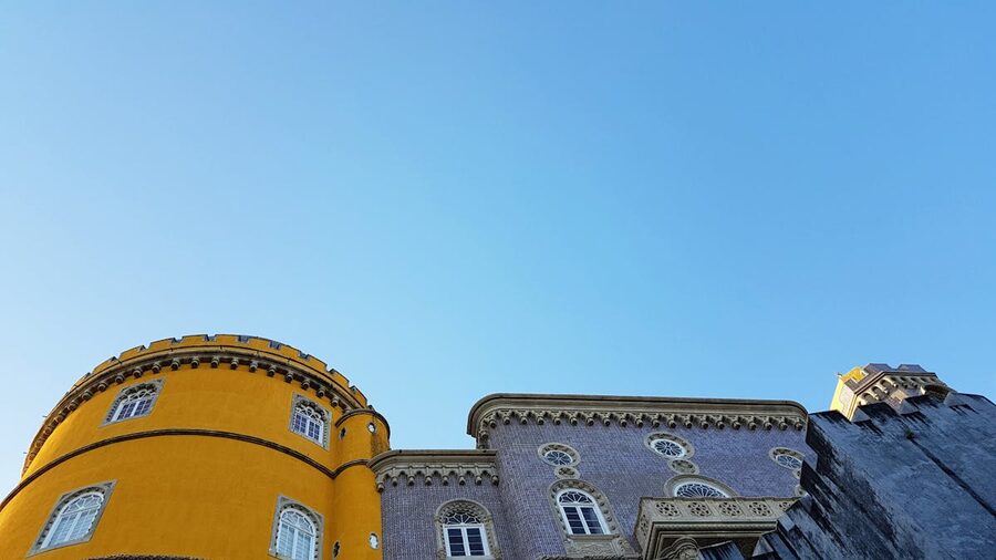 Wide angle view of colorful Pena Palace architecture in Sintra Portugal