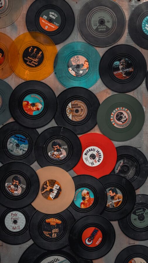 Vinyl records displayed on a wall