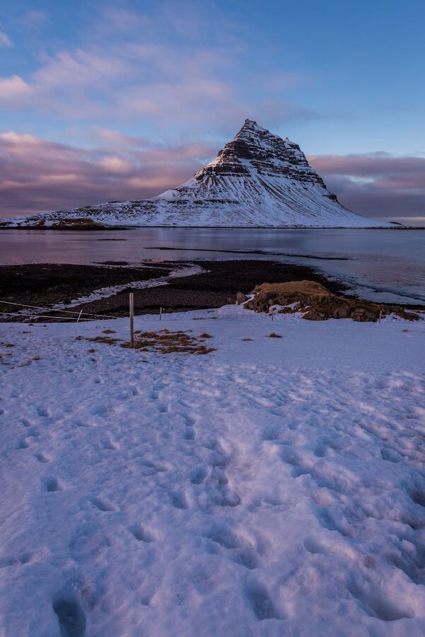 Kirkjufell mountain seen from across the water at Grundarfjordur