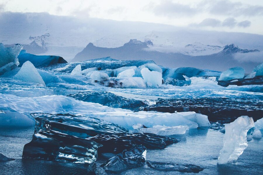 Icebergs of various sizes floating in the glacier lagoon