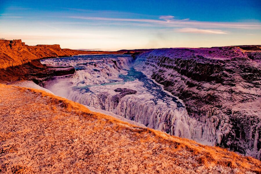 Gullfoss waterfall cascading in Iceland summer scenery