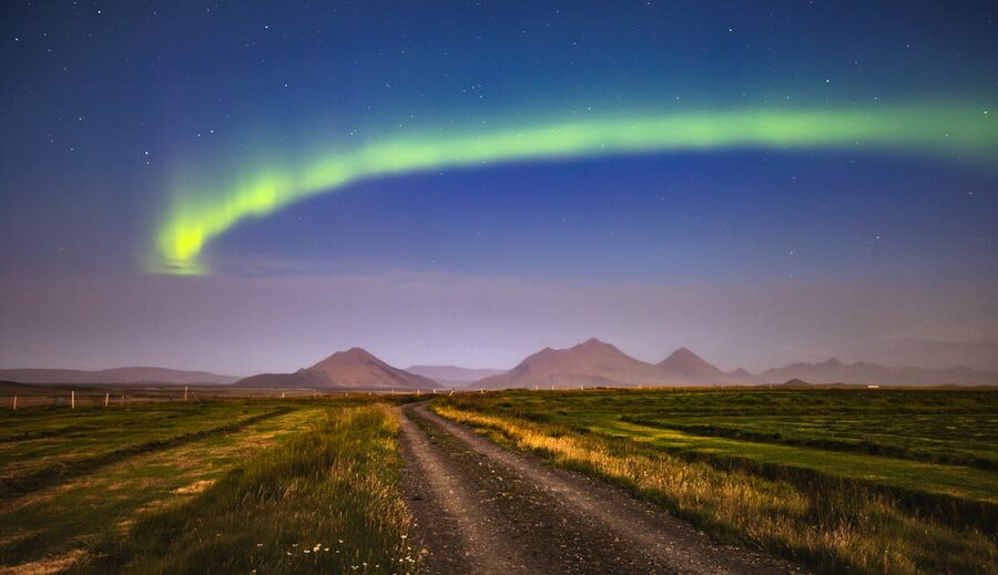 Aurora borealis over rural Iceland at night