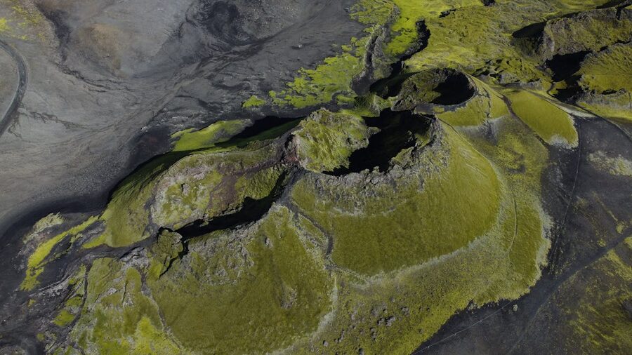 Aerial view of moss-covered volcanic terrain Iceland