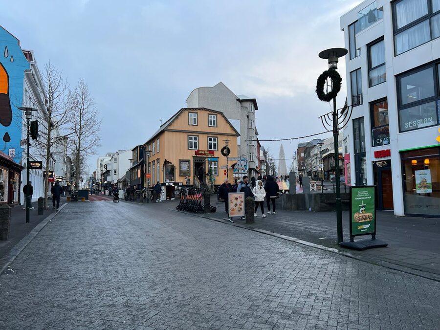 Laugavegur shopping street in Reykjavik with pedestrians