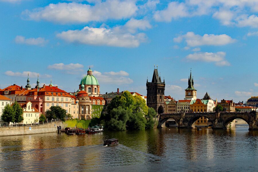 Prague river bridge evening