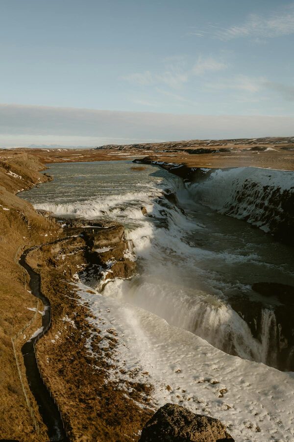 Gullfoss waterfall in winter with ice and snow