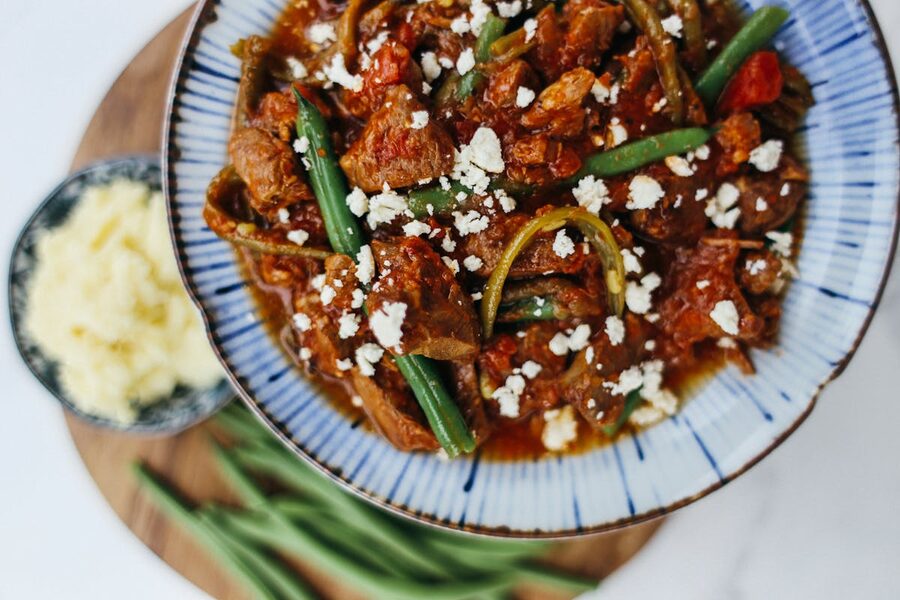 Hearty lamb stew in a bowl with vegetables